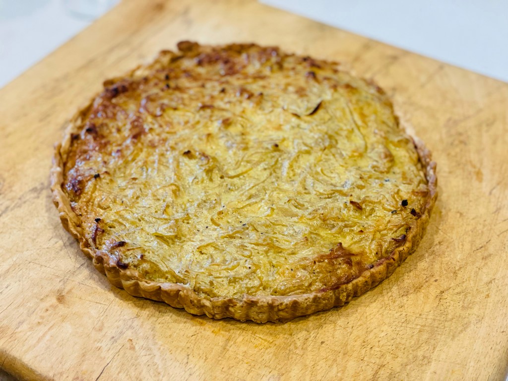 Elizabeth David’s Onion Tart with Green Pea Sauce – Robby Dog Cooks